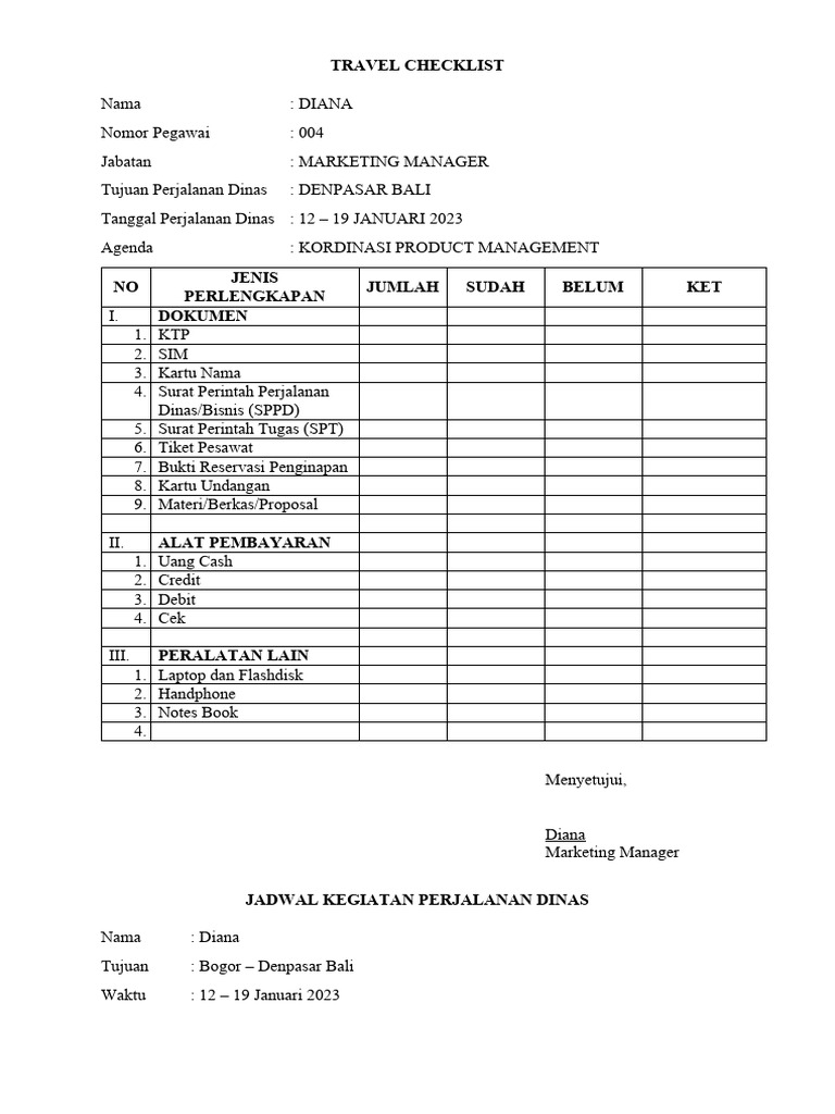 Checklist Perjalanan Dinas ke Bali | PDF