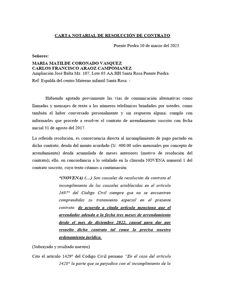 Resolución de Contrato de Arrendamiento | PDF