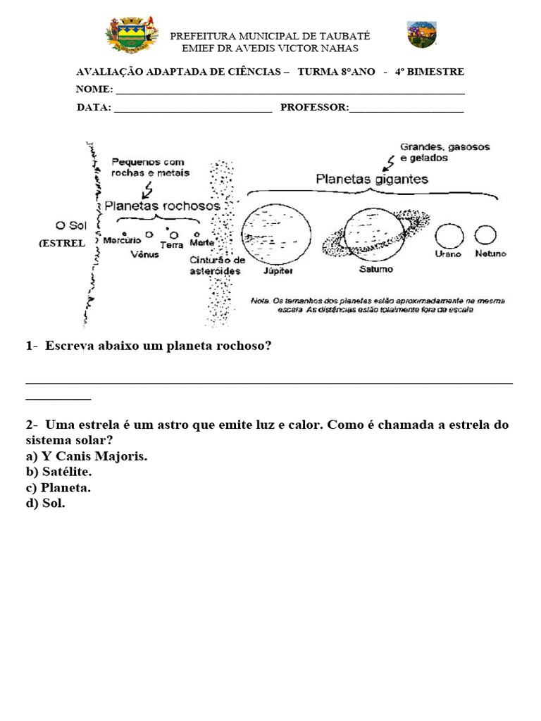 Avaliação Prova Avedis 2023 Sexto Ano 6 Ciências Adaptada 4bim ...