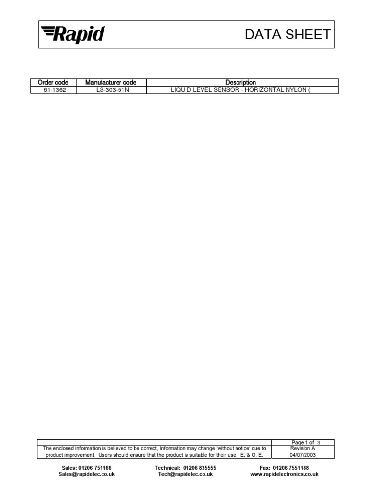 Liquid Level Sensor 61-1362 | PDF | Switch | Building Engineering