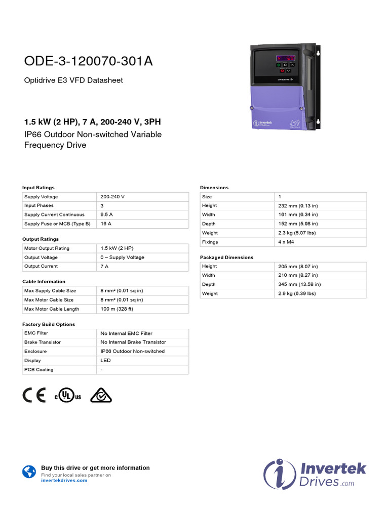 Optidrive E3 VFD 1.5 kW Datasheet | PDF | Electricity | Electronic Circuits