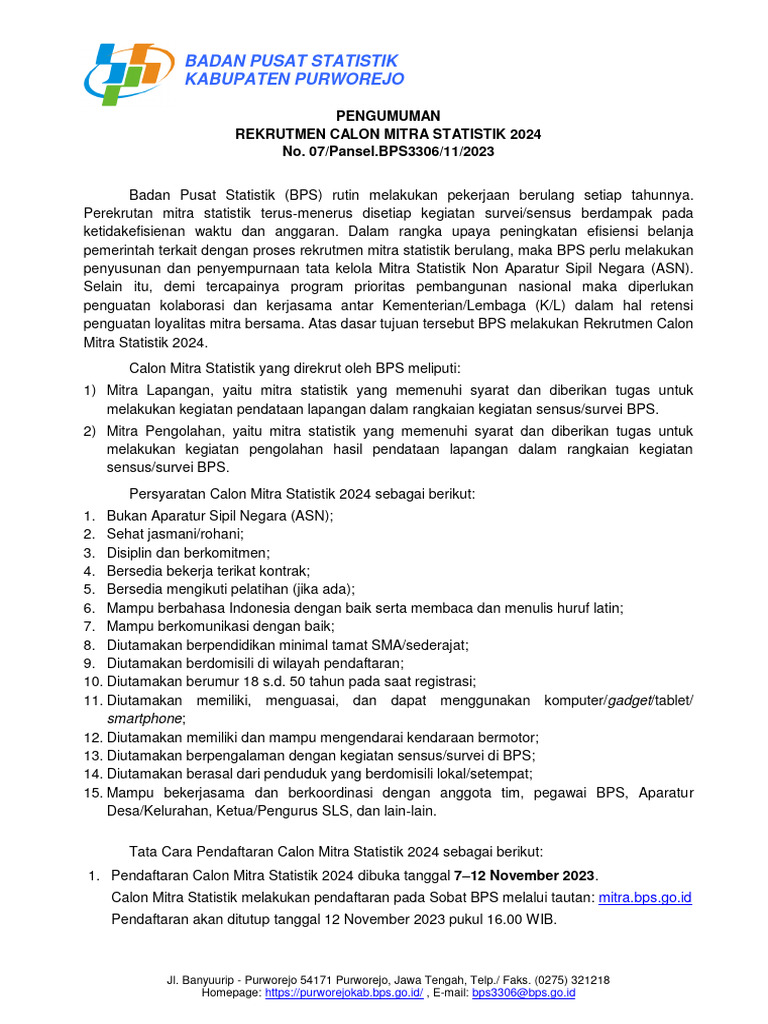 Rekrutmen Mitra 2024 BPS Kabupaten Purworejo | PDF
