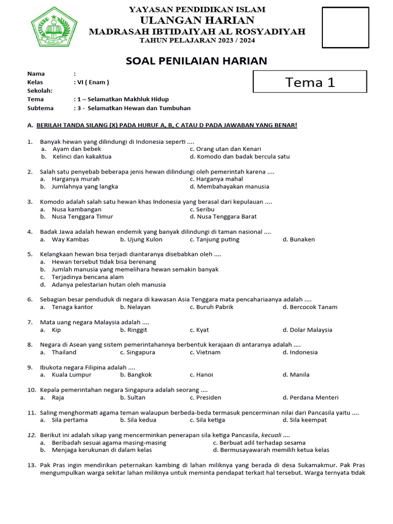 Soal Tematik Kelas 6 SD Tema 1 Subtema 3 | PDF | Griya & Taman