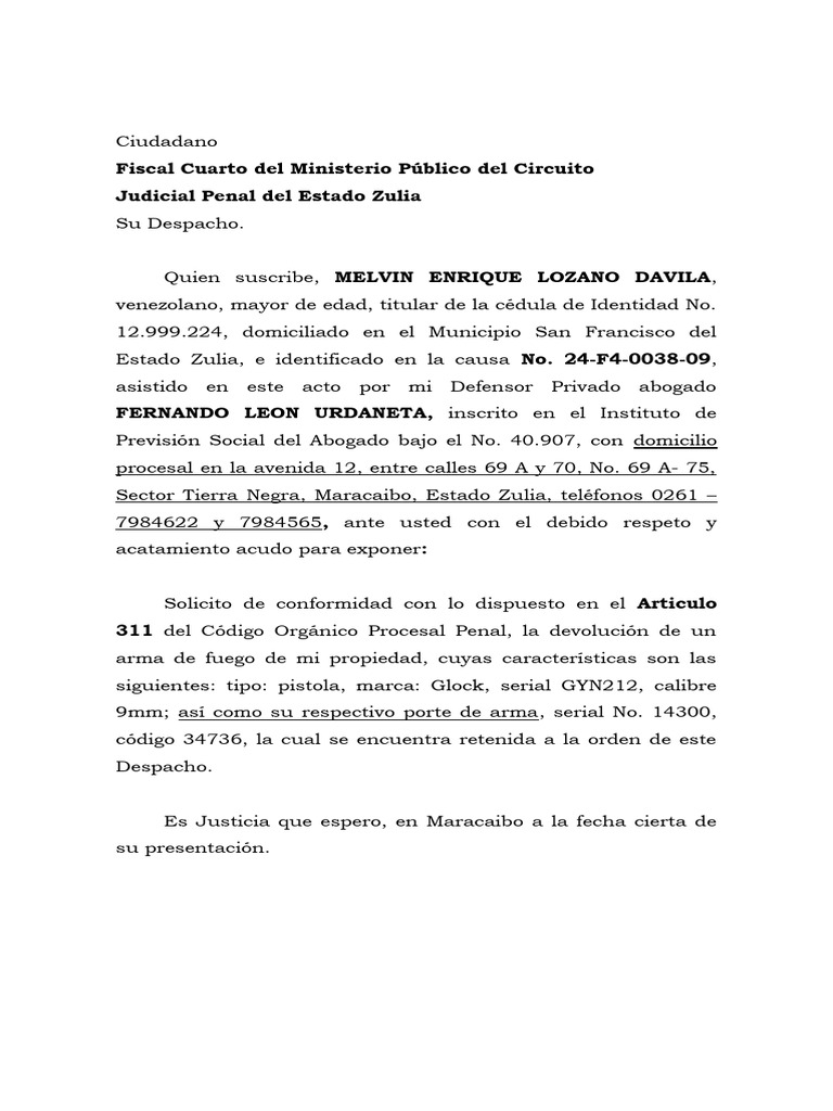 Solicitud de Devolución de Arma | PDF | Derecho