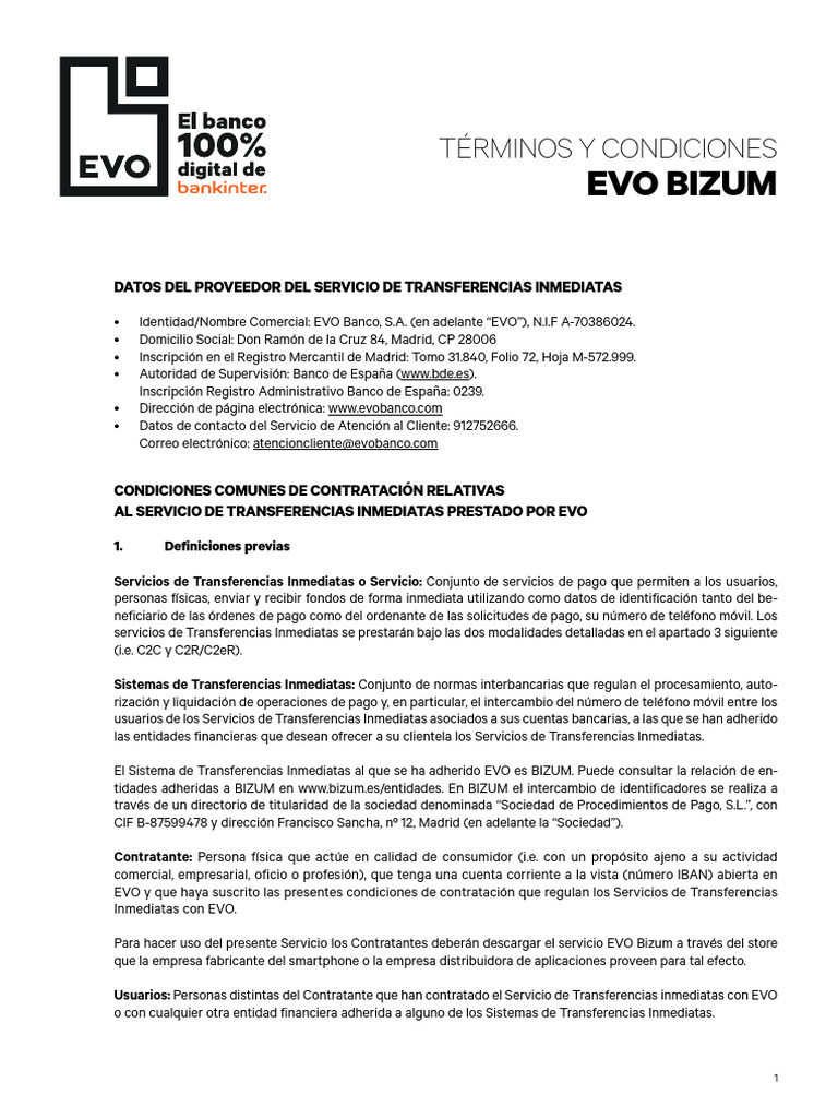 Terminos y Condiciones EVO Bizum | PDF | Transferencia bancaria | Bancos