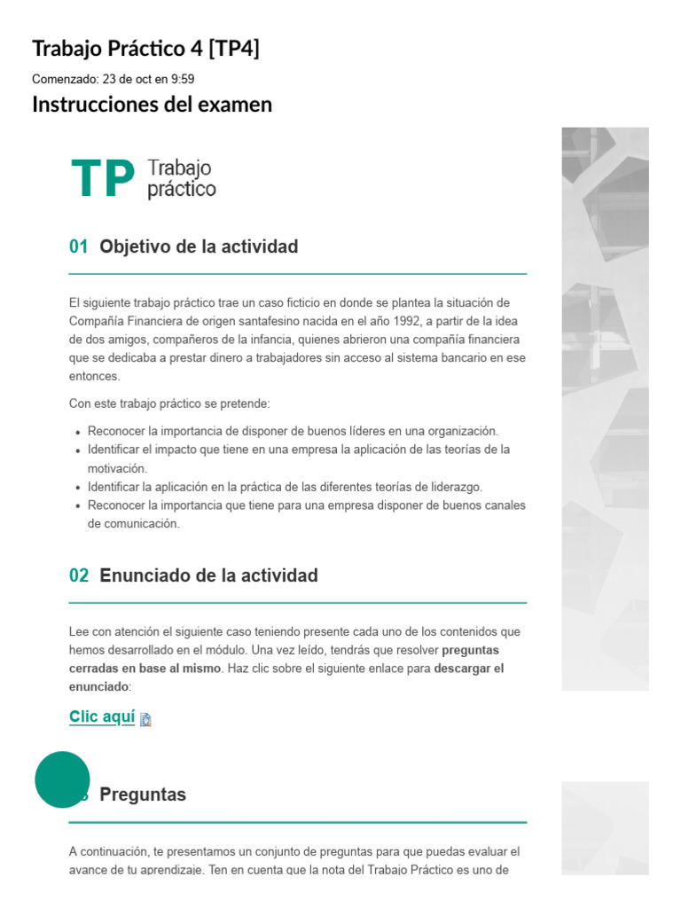 Examen - Trabajo Práctico 4 (TP4) | PDF | Liderazgo | Motivacional