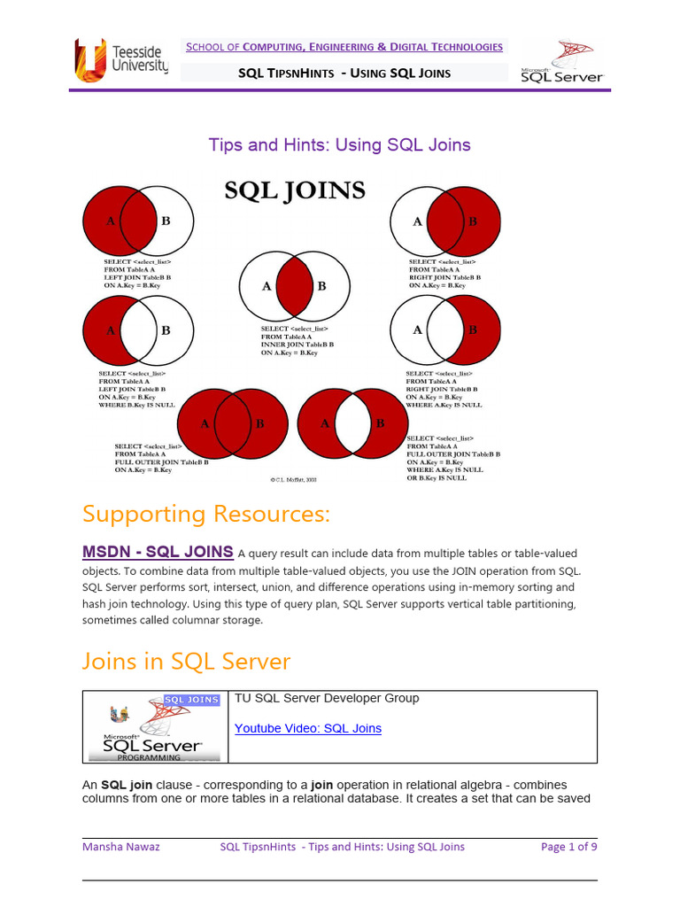 TSQL TipsnHints - SQL JOINS | PDF | Table (Database) | Microsoft Sql Server TSQL TipsnHints - SQL JOINS | PDF | Table (Database) | Microsoft Sql Server