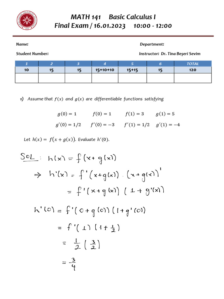 Math 141 Final - Exam - 2022 - 2023 - Fall - Soln Key | PDF | Tangent ...