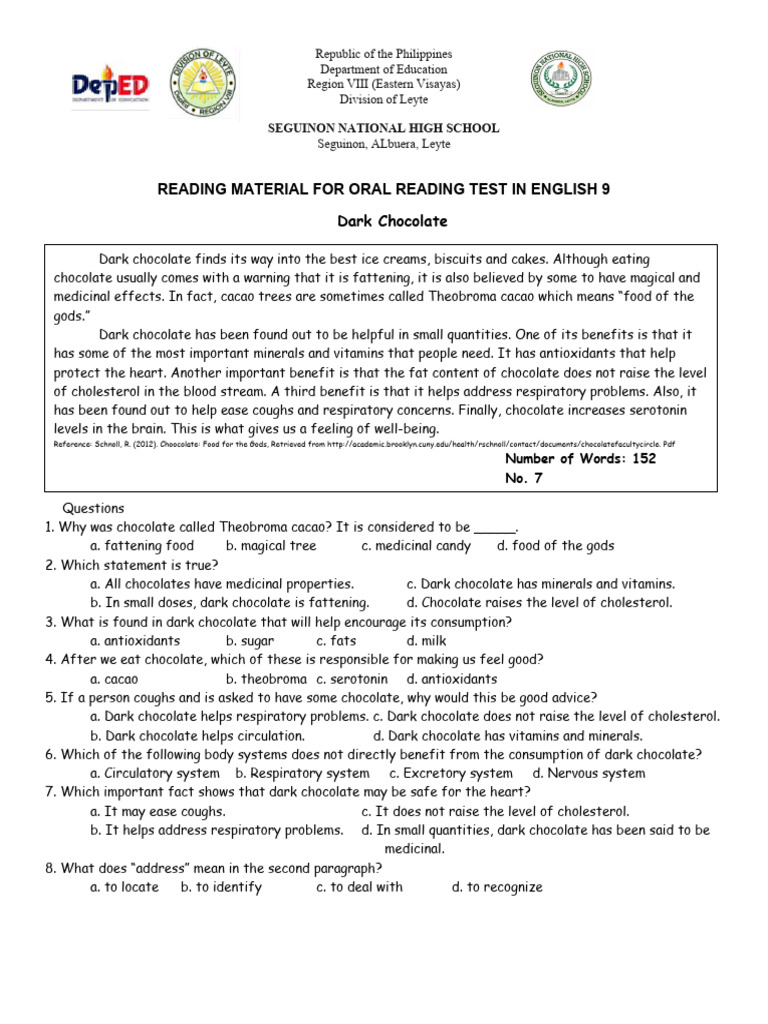 Oral Reading Test For Grade 9 | PDF | Chocolate | Nutrition