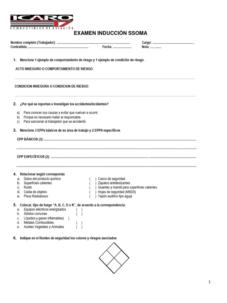 Examen de Inducción SSOMA | PDF | Materiales Examen de Inducción SSOMA | PDF | Materiales