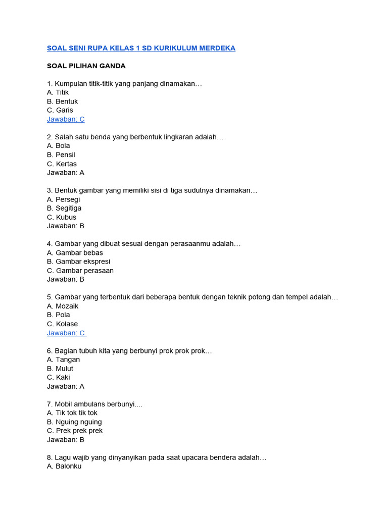 Soal Seni Rupa Kelas 1 SD Kurikulum Merdeka | PDF | Griya & Taman | Seni