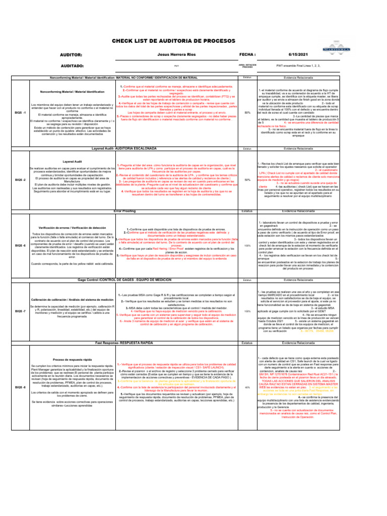 Check List de Auditorias de Proceso Junio 2021 PWT Biqs | PDF ...