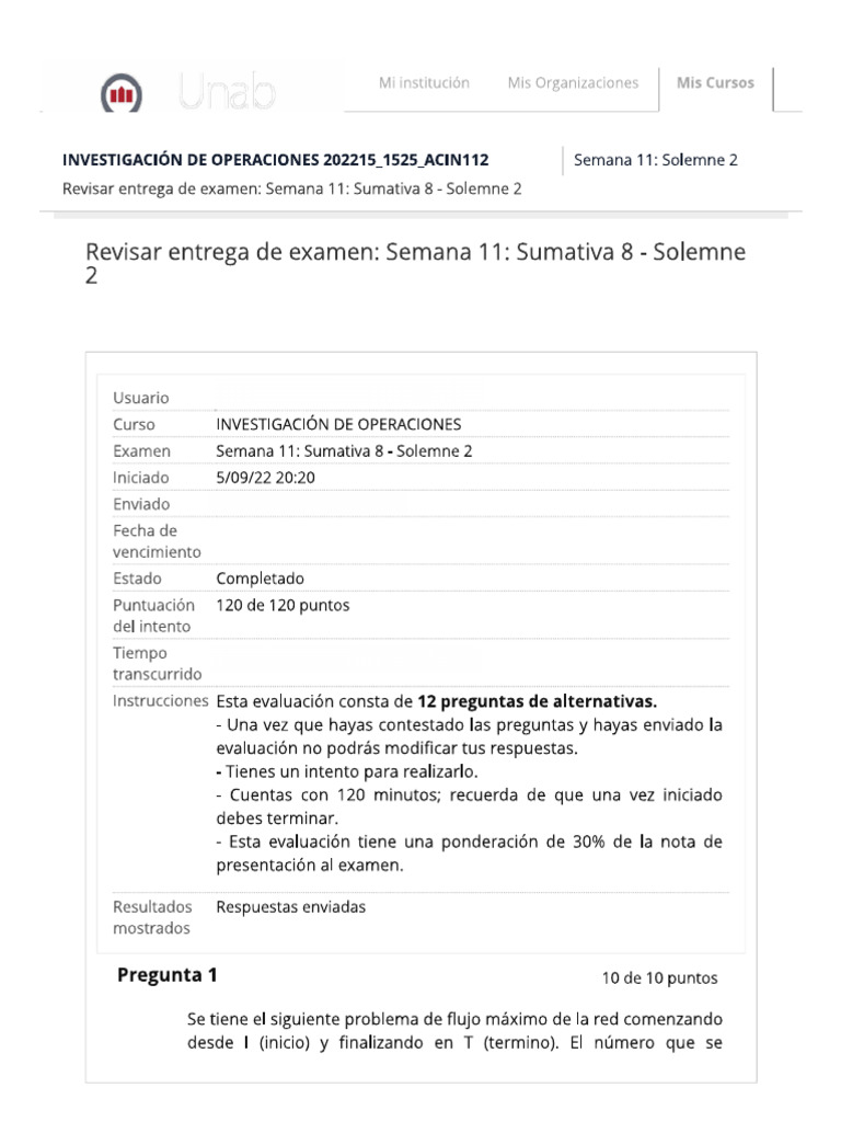Revisar Entrega de Examen - Semana 11 - Sumativa 8 - Solemne 2 &.. | PDF