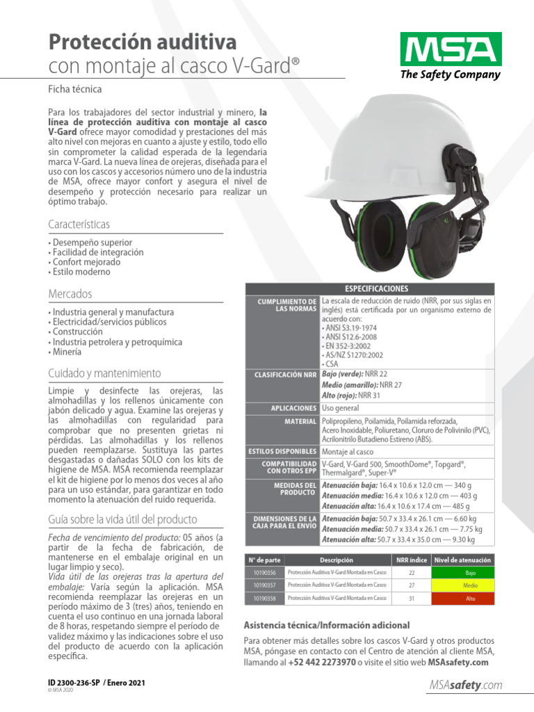 Ficha Tecnica Protector Auditivo Msa V-Gard 22 DB Adaptable Al Casco ...