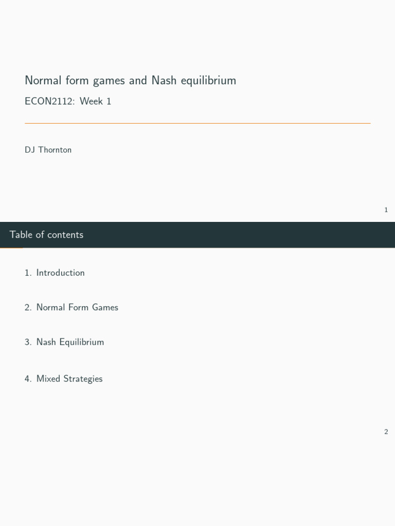 Normal Form Games and Nash Equilibrium: ECON2112: Week 1 | PDF | Game ...