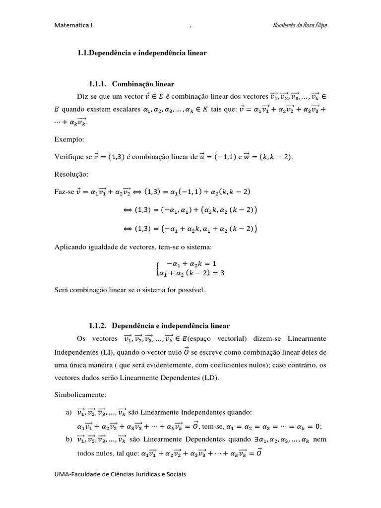 Dependência e Independência Linear | PDF | Matriz (Matemática) | Matemática aplicada
