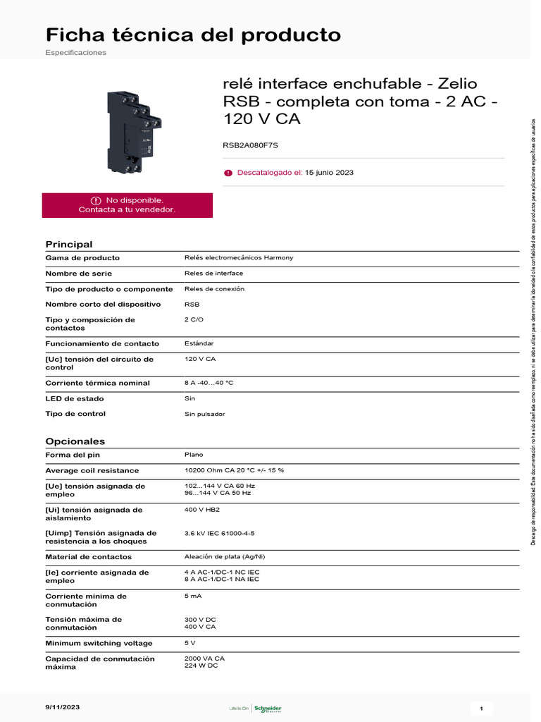 Relevadores Electromecánicos Harmony - RSB2A080F7S | PDF | Relé | Ciencia de los Materiales