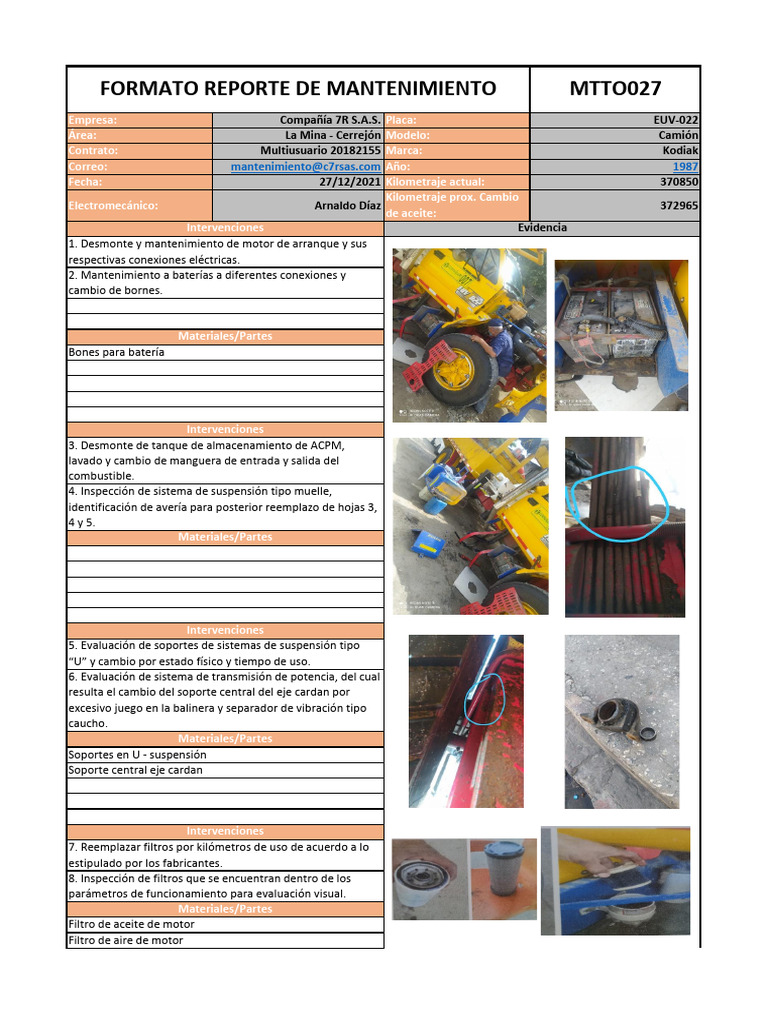 Reporte de Mantenimiento Camión Grúa 2021 Dic | PDF | Camión | Bienes ...
