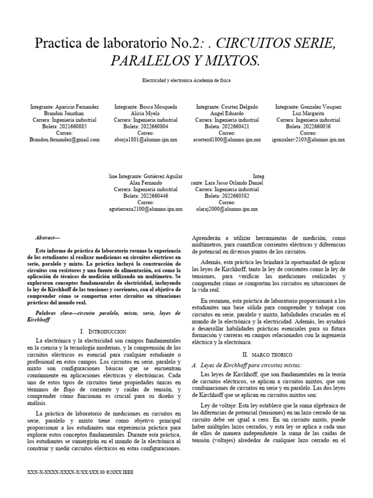 Practica de Laboratorio No.2 CIRCUITOS SERIE J PARALELOS Y MIXTOS | PDF ...