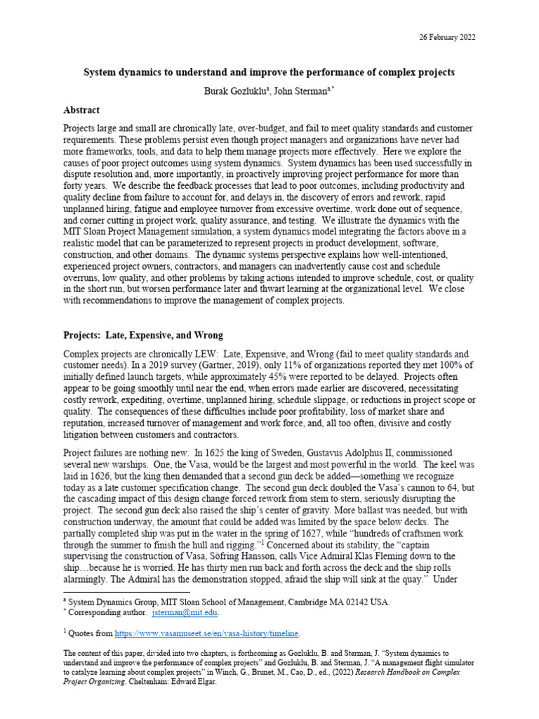 Gozluklu-Sterman WP 2022 System-Dynamics | PDF | Quality Assurance | Project Management