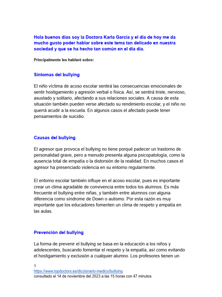 Bullying: Síntomas, Causas y Prevención | PDF | Sicología | Causas de ...