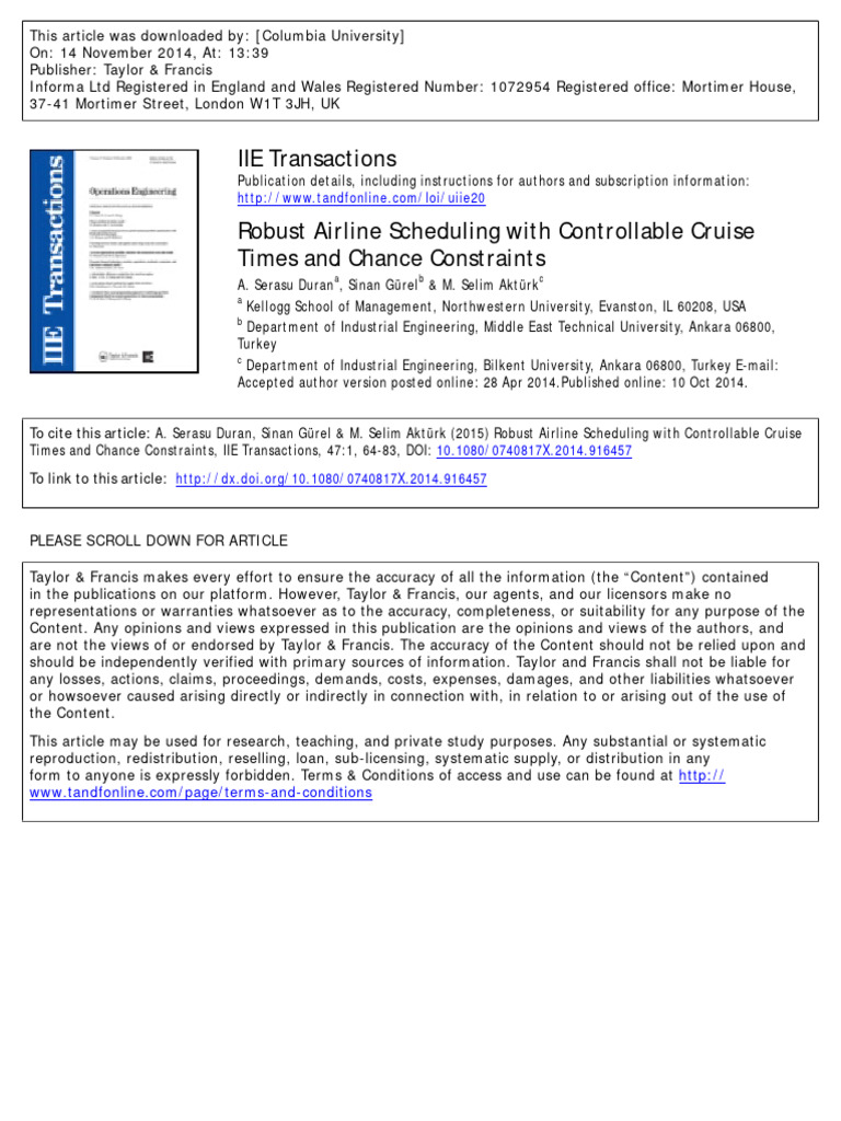 Robust Airline Scheduling With Controllable Cruise Times and Chance Constraints | PDF ...