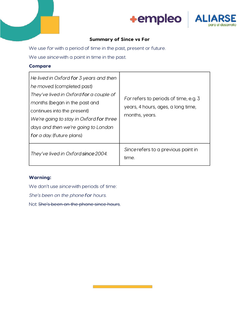Summary Since Vs For Grammar Explanation | PDF