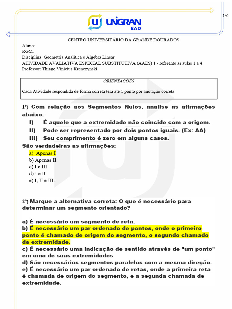 Atividade Avaliativa Especial - Prova 1 | PDF | Linha (Geometria) | Vetor euclidiano