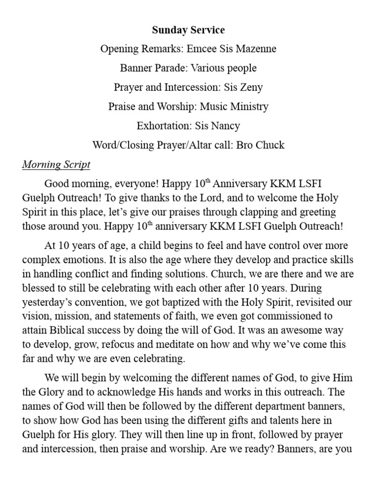 10th Anniversary Script | PDF | Prayer | God