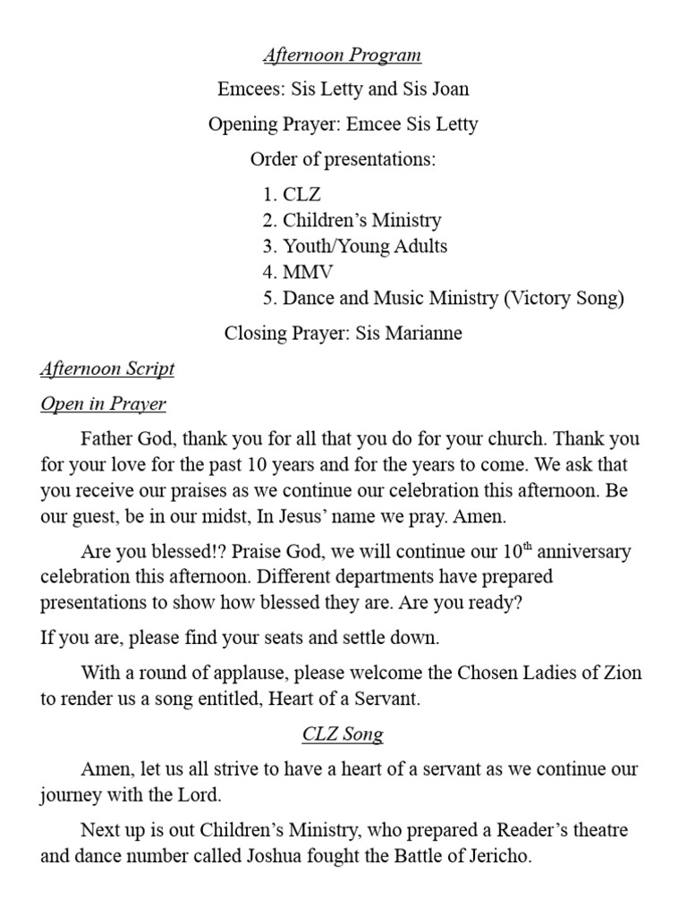 10th Anniversary Sunday Afternoon Script | PDF | Prayer | God