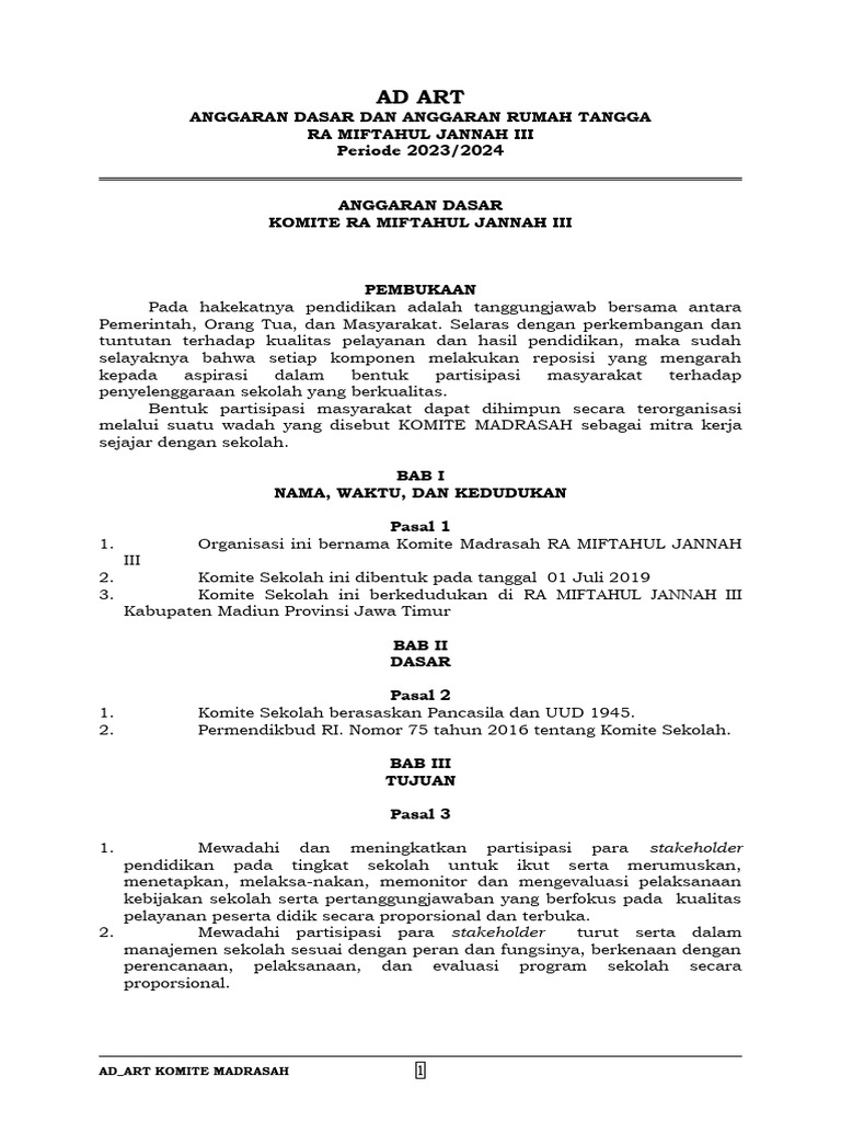 AD - ART KOMITE Sekolah | PDF