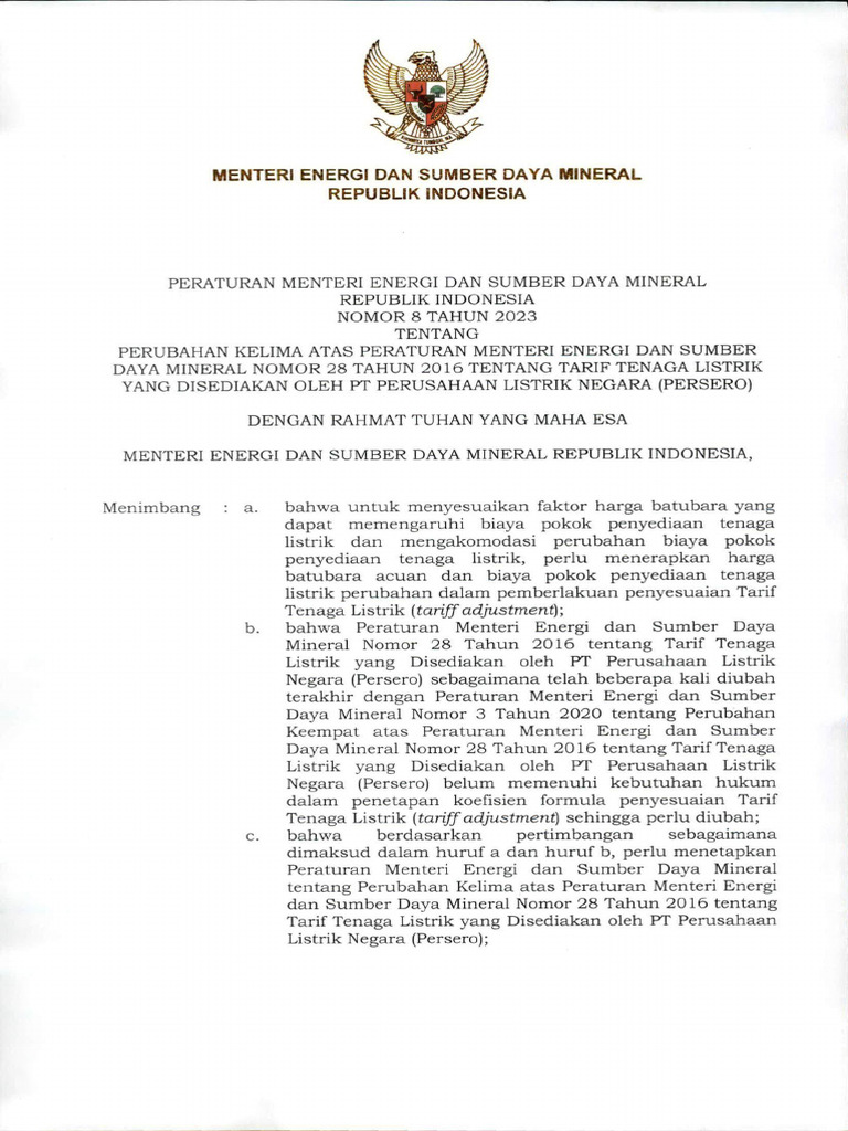 Permen ESDM Nomor 8 Tahun 2023 (Tarif Tenaga Listrik PLN) | PDF