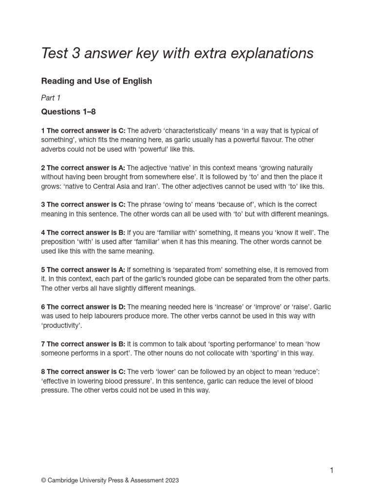 B2First5 Test 3 Reading and Use of English Answer Key | PDF | Verb | Adverb