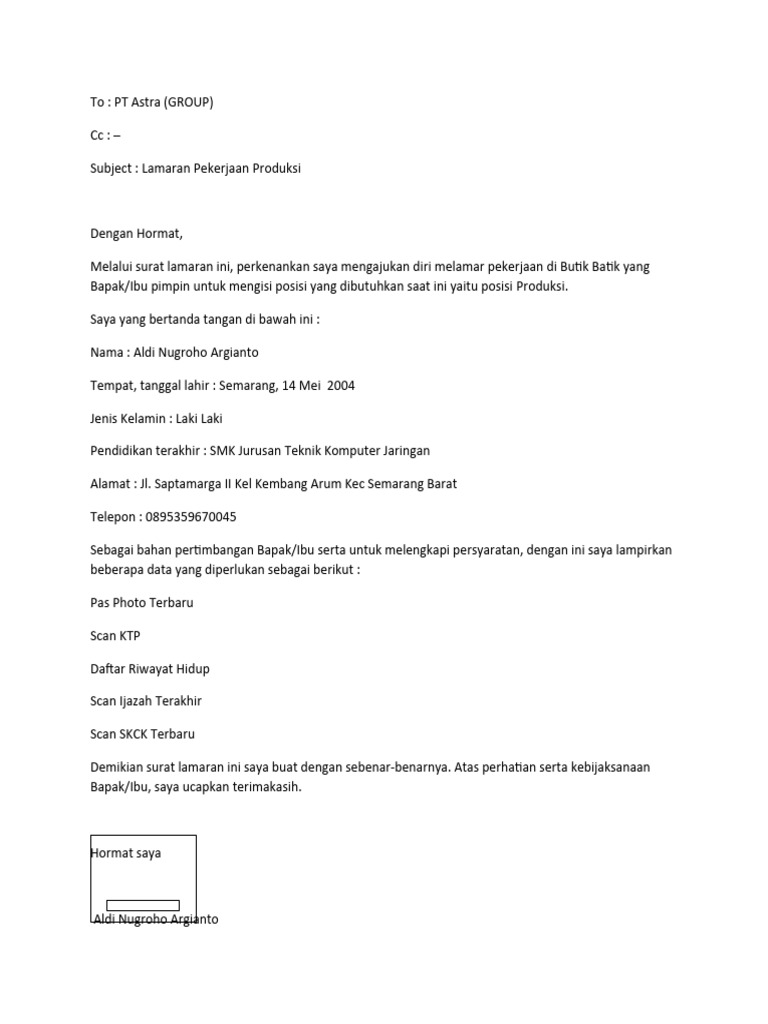 Lamaran Pekerjaan - Aldi Nugroho Argianto | PDF