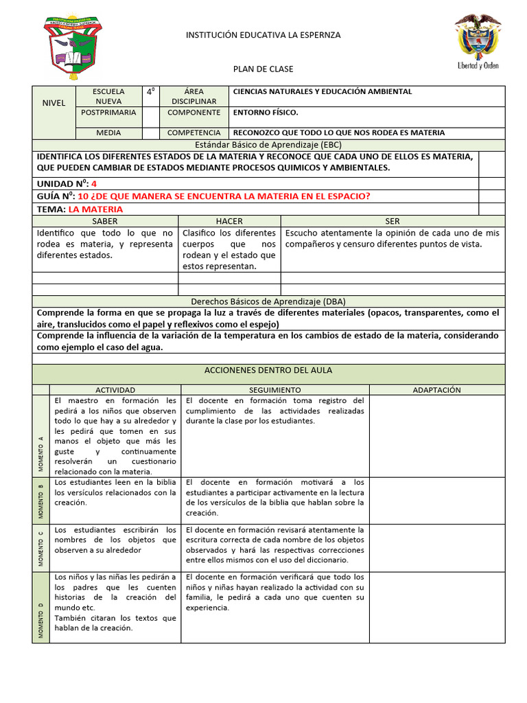 PLANES DE AULA Cuarto Grado 4p | PDF | Fuerza | Aprendizaje