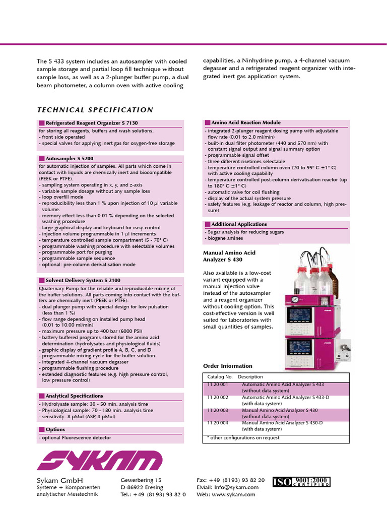Sykam Tech Specs | PDF | Pump | Chemical Reactor