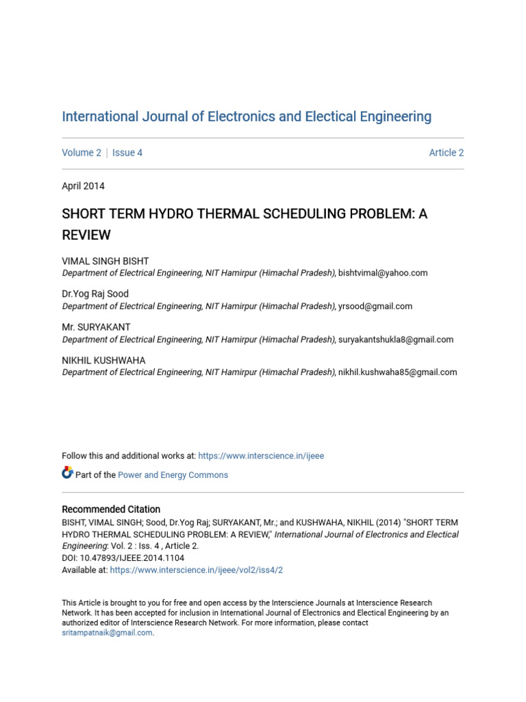 Short Term Hydro Thermal Scheduling Problem A Review Pdf