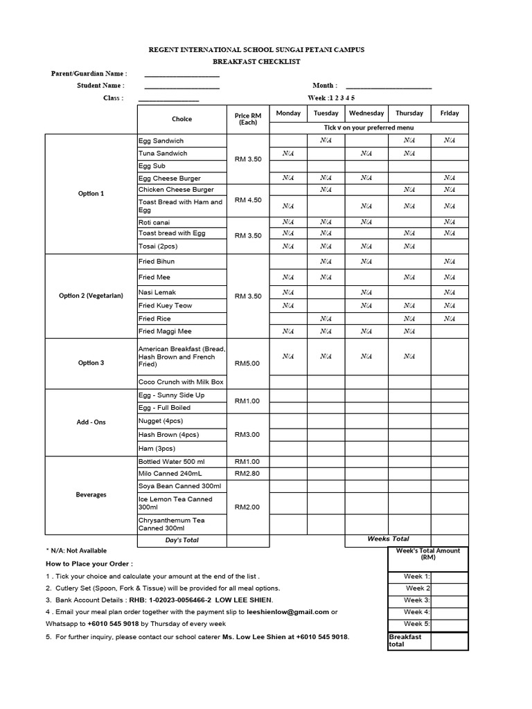 Breakfast Checklist Week 1 2 3 4 5 Yes | PDF | Hamburgers | Cuisine