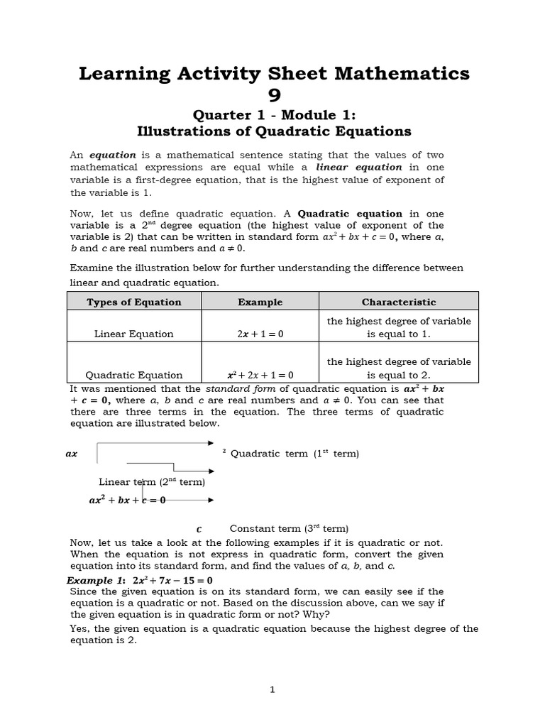 Math9 Q1 Module1-2Modified | PDF | Equations | Quadratic Equation