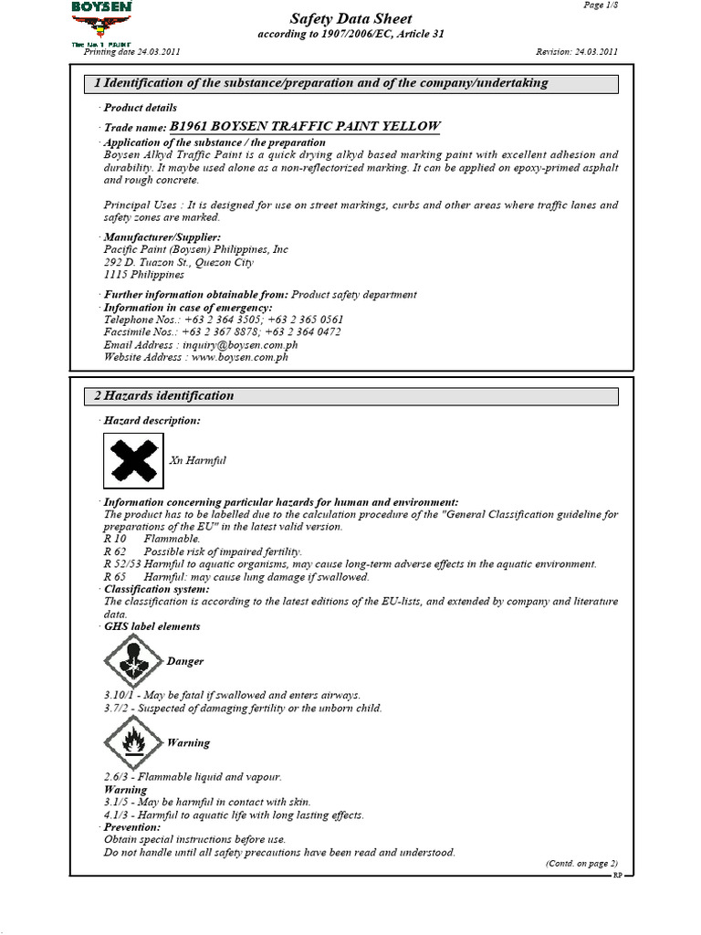 B1961 Boysen Traffic Paint Yellow MSDS | Download Free PDF | Dangerous ...