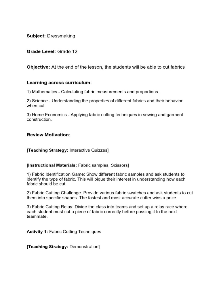 Lesson Plan | PDF | Textiles | Sewing