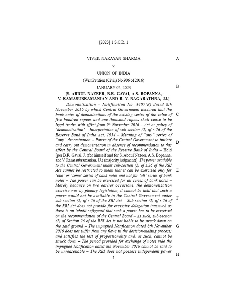 Vivek Narayan Sharma V UOI | PDF | Reserve Bank Of India | Legal Tender