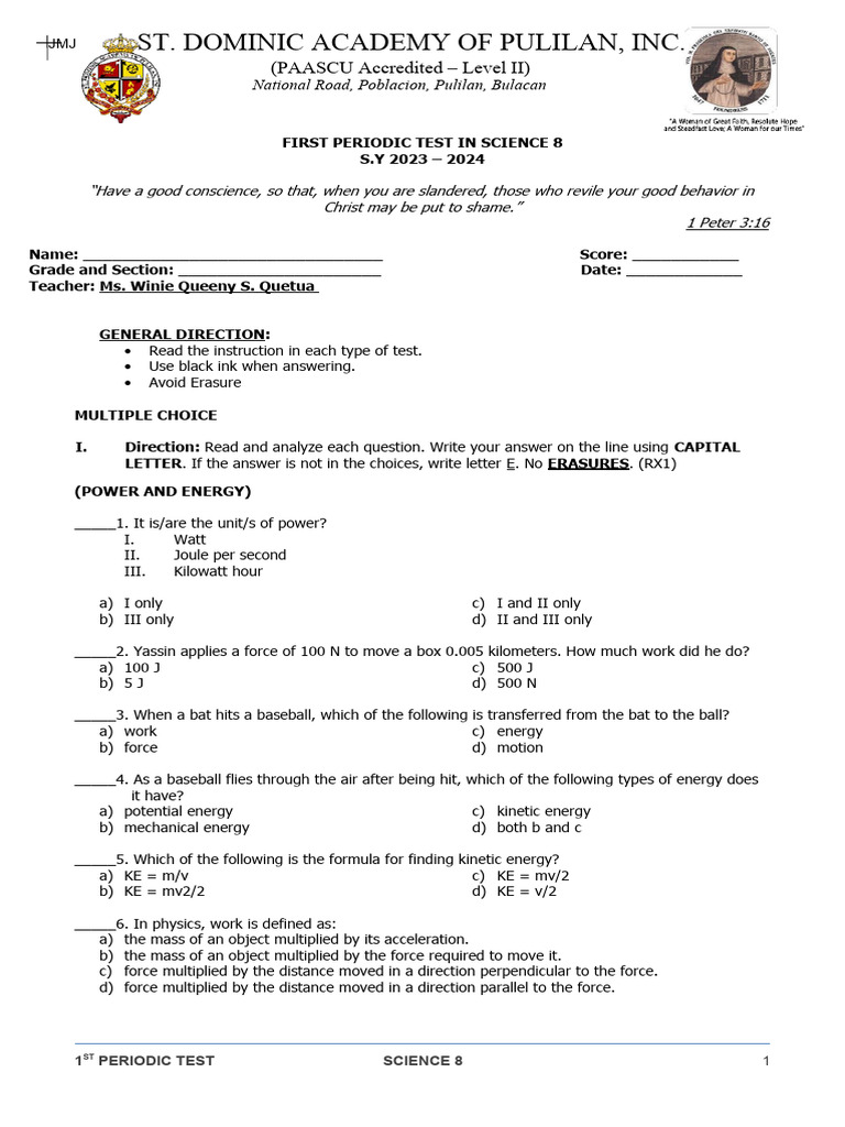 Science 8 First Periodic Test 2023 | PDF