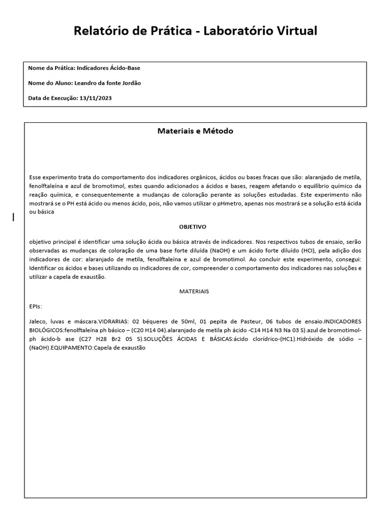 Relatório Laboratório Virtual2 Leca | PDF | Ph | Ácido