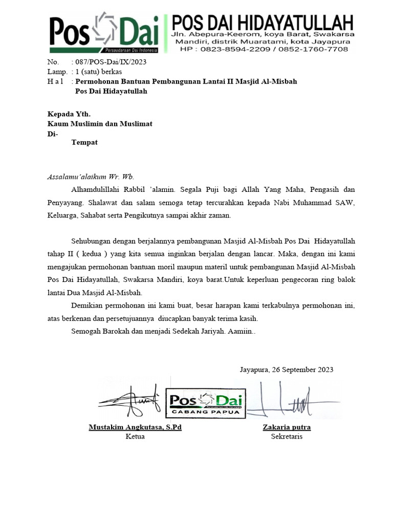 Permohonan Dana Sedekah Masjid Pos Dai Hidayatullah Swakarsa Koya Barat | PDF