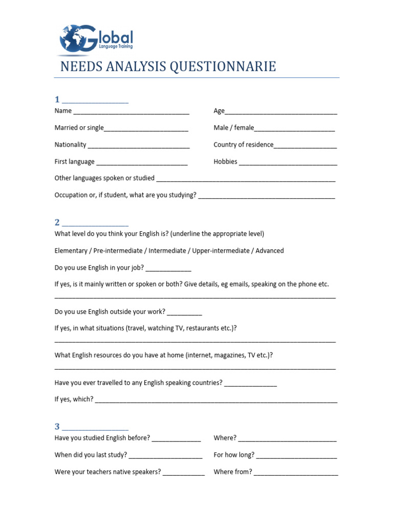 Sample Needs Analysis Questionnaire Pdf English Language Human Communication