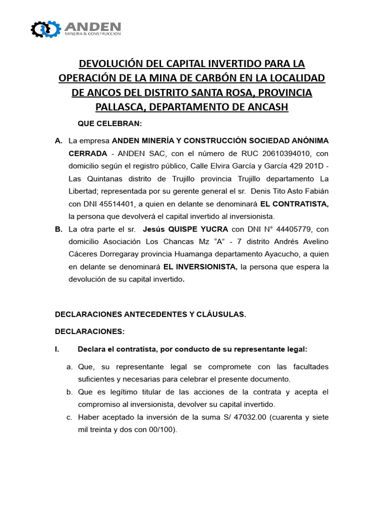 Contrato de Inversión de Capital | PDF