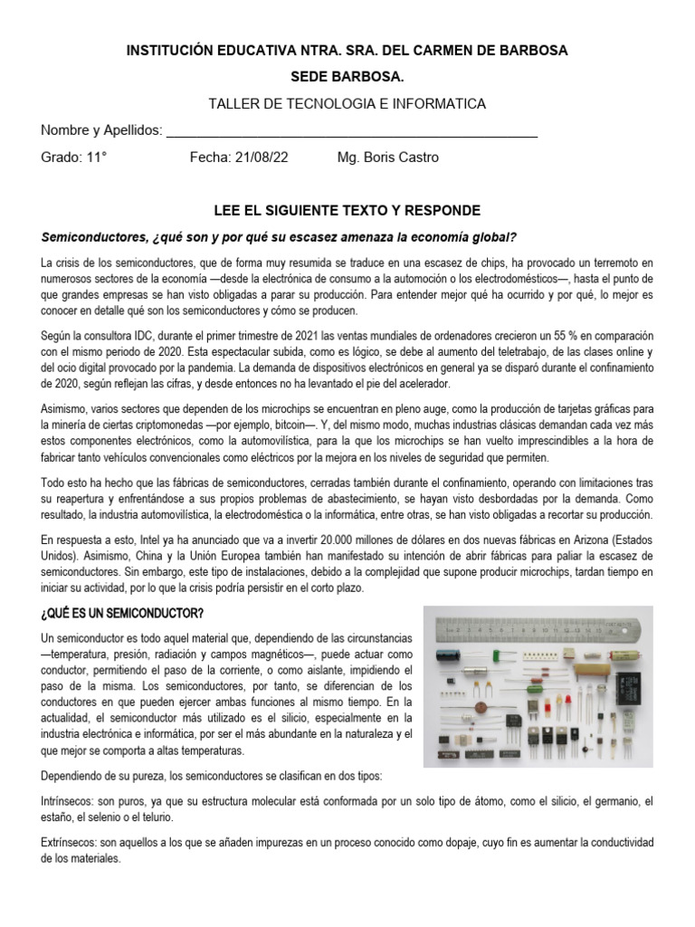 Taller de Tecnologia e Informatica 11° | PDF | Semiconductores | Ciencia de los Materiales