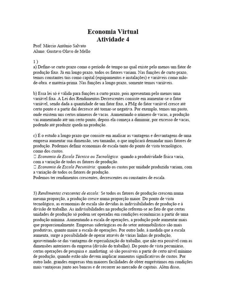Atividade 04 | Download grátis PDF | Economia | Economias de escala