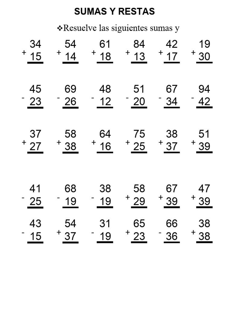 Formato de Operaciones 25 Sumas y Restas | PDF